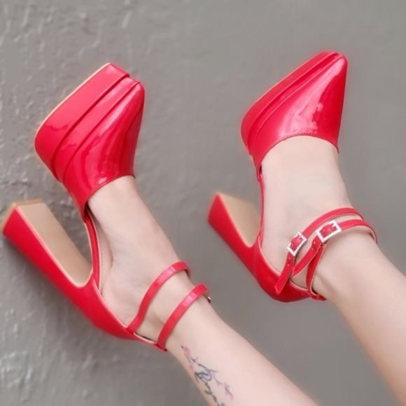 Shoes | Womens Buckle Ankle Strap Patent Double Platform Pumps Red ...